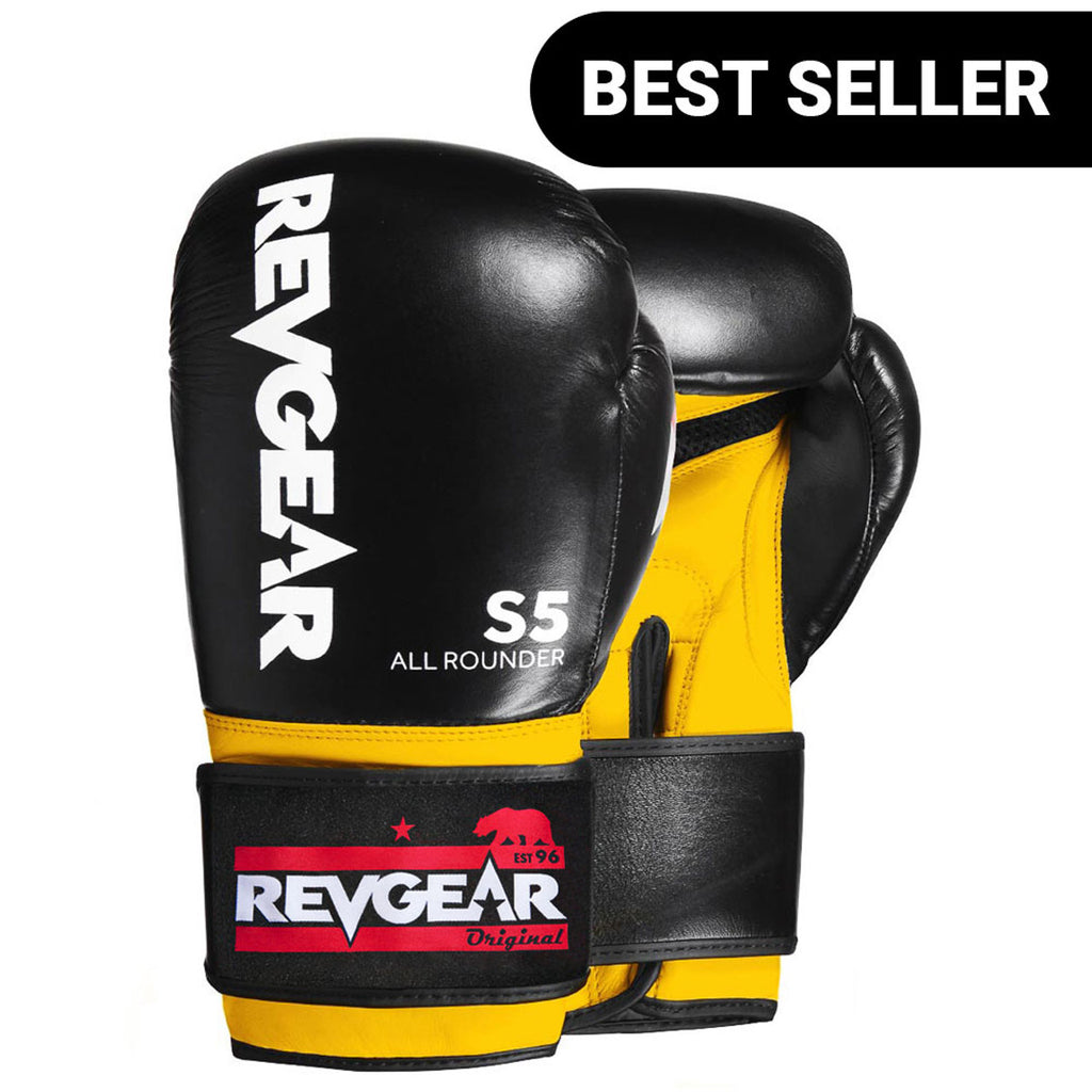 REVGEAR S5 ALL ROUNDER LEATHER BOXING GLOVES BLACK-YELLOW — Takedown ...